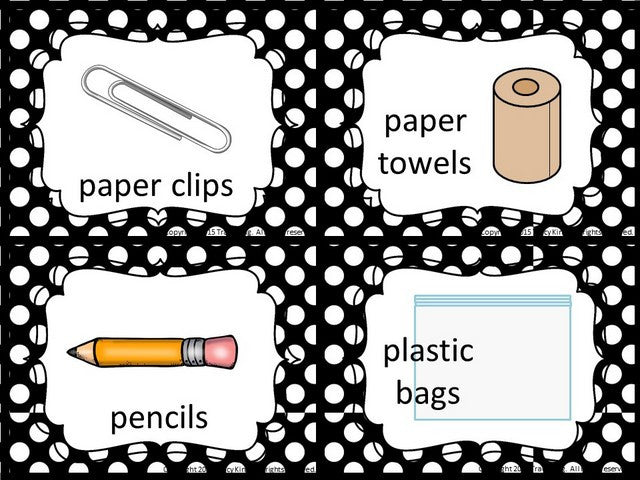 Supply Labels – Black and White Polka Dots – The Bulletin Board Lady